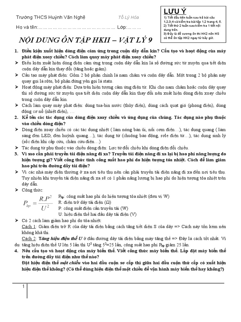 De Cuong On Tap Ly 9 Hkii HVN | PDF