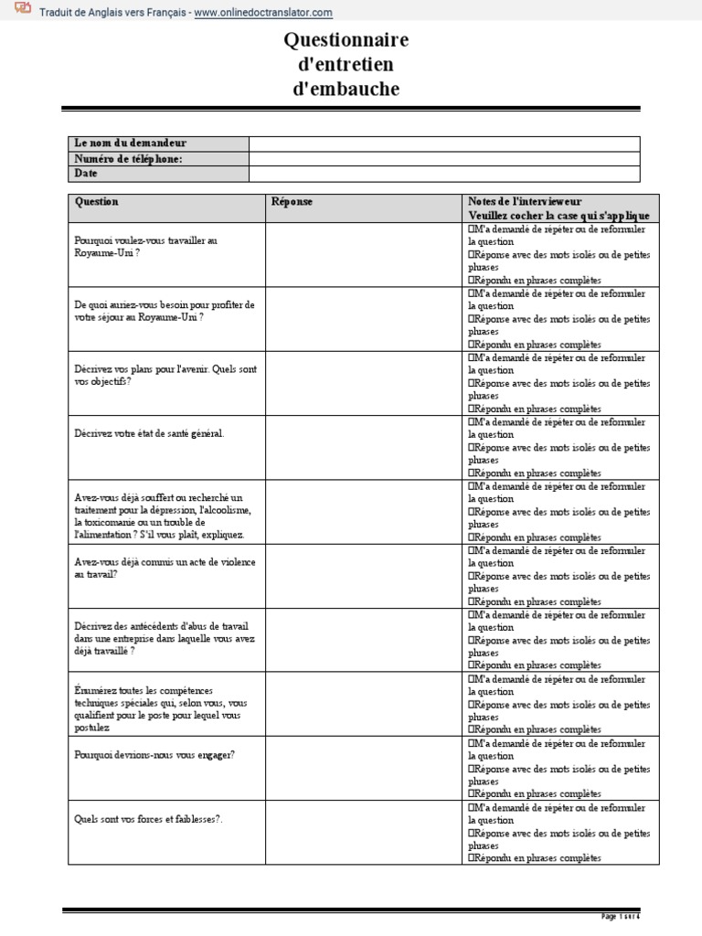 Questionnaire d'entretien d'embauche | PDF