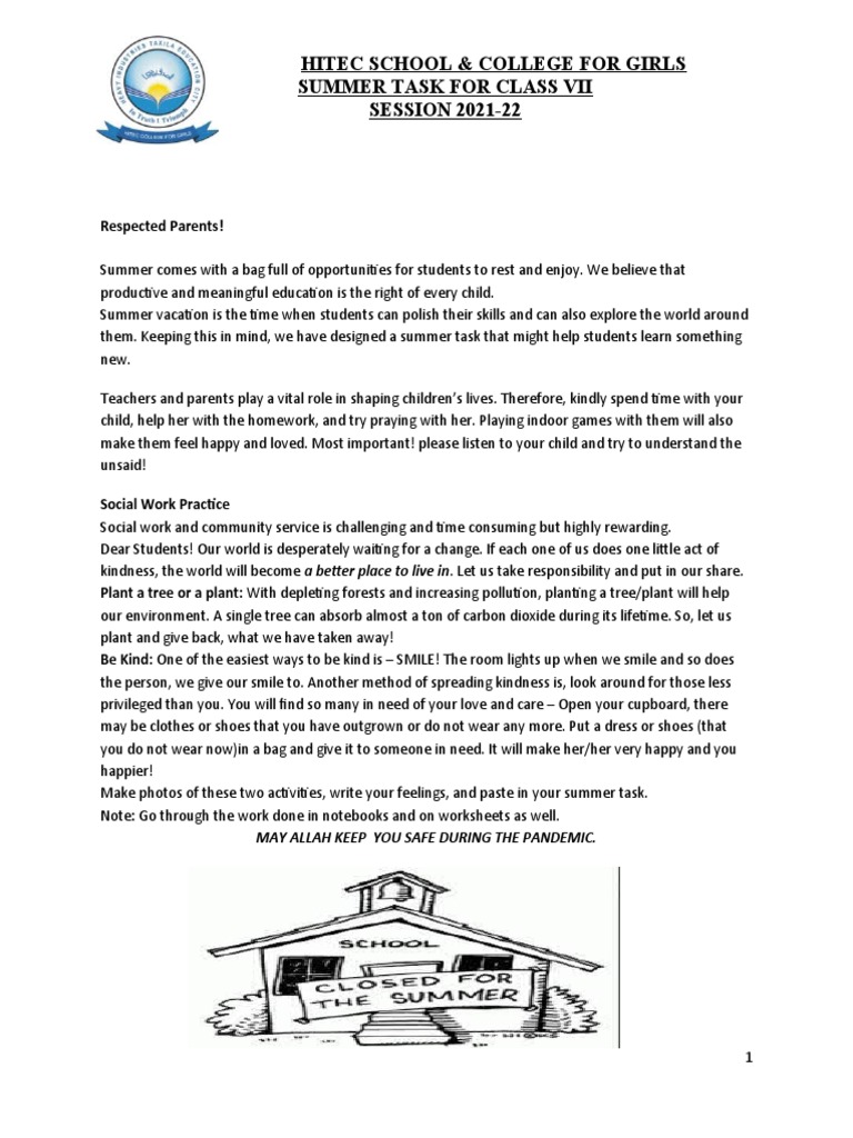 Hitec School & College For Girls Summer Task For Class Vii SESSION 2021 ...
