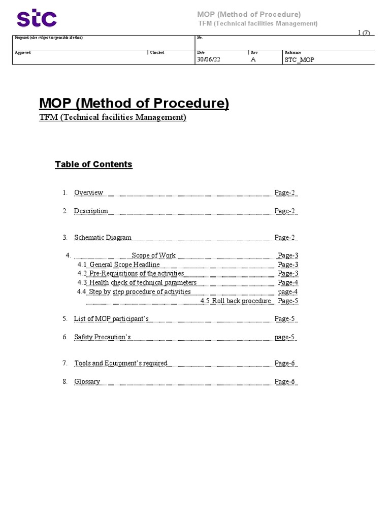 MOP (Method of Procedure) : TFM (Technical Facilities Management ...