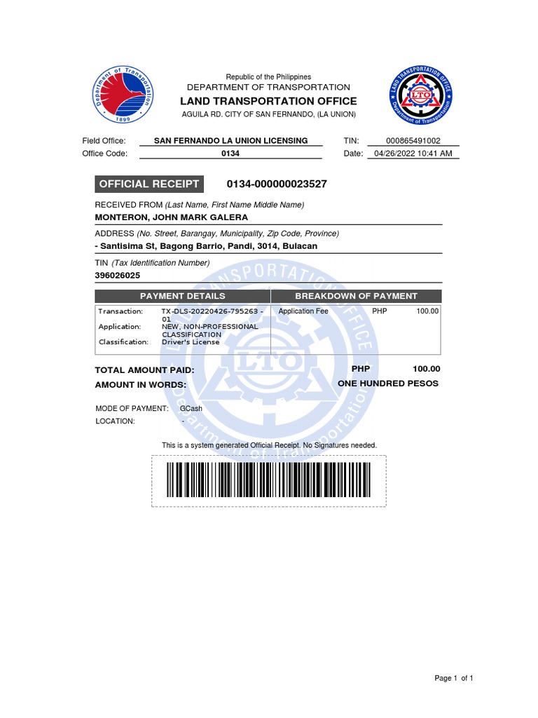 LTO Official Receipt for Driver's License | PDF | Finance & Money ...