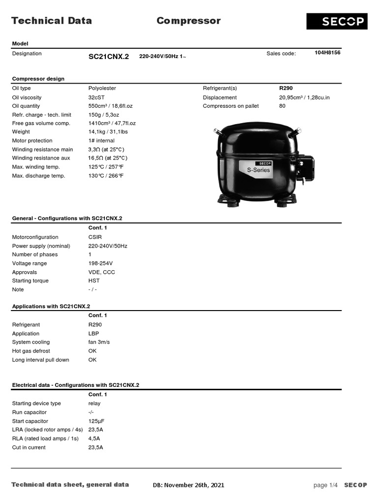 Technical Data Compressor: SC21CNX.2 | PDF | Capacitor | Electrical Engineering