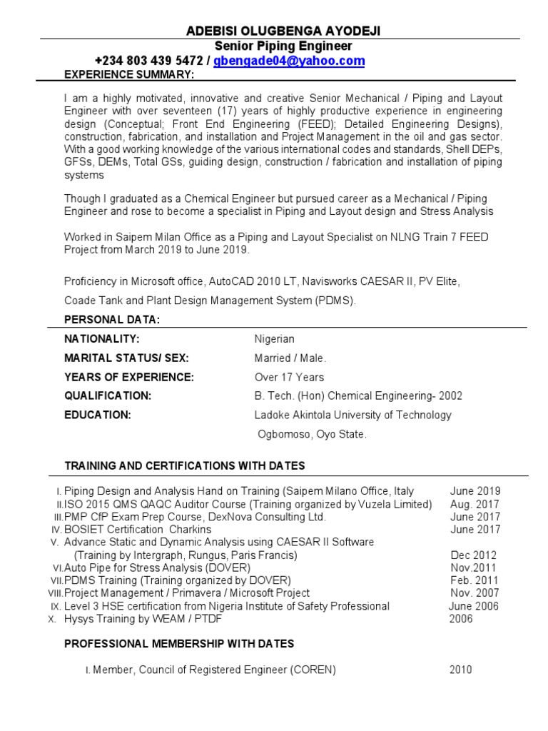 Senior Piping Engineer Resume | PDF | Pipeline Transport | Chemical ...