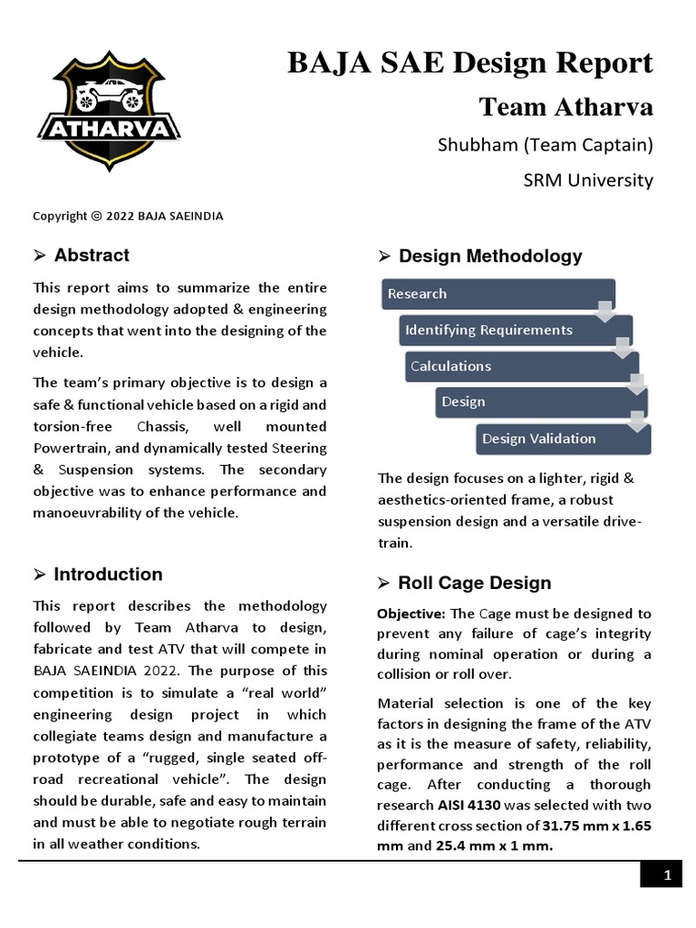 BAJA SAE Design Report: Team Atharva | PDF | Steering | Brake