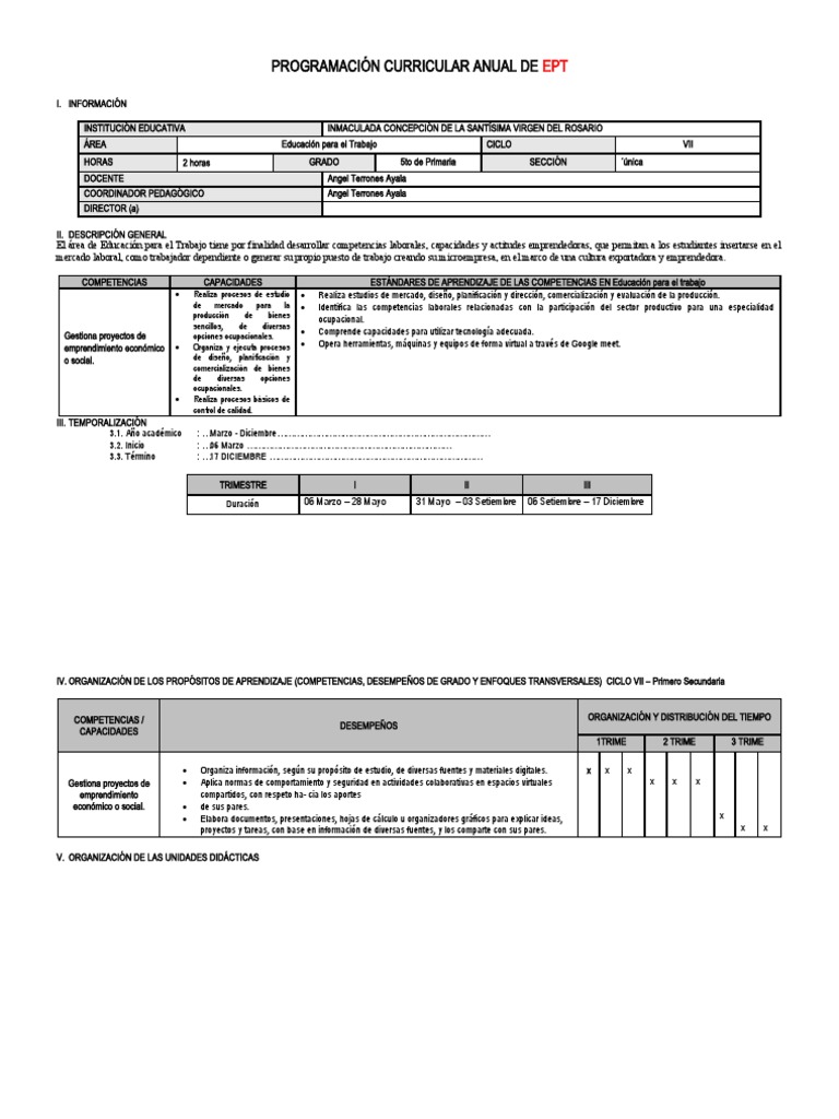 Programacion Anua EPT - 5to Grado Primaria | PDF | Evaluación | Iniciativa empresarial