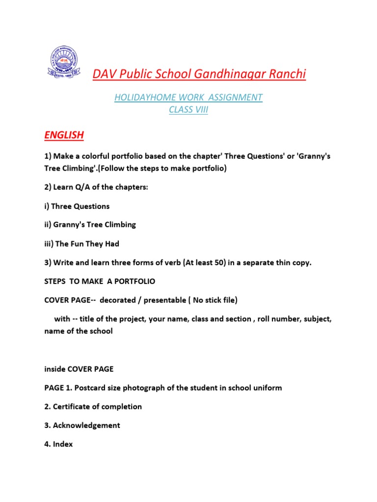 DAV Public School Gandhinagar Ranchi: English | PDF