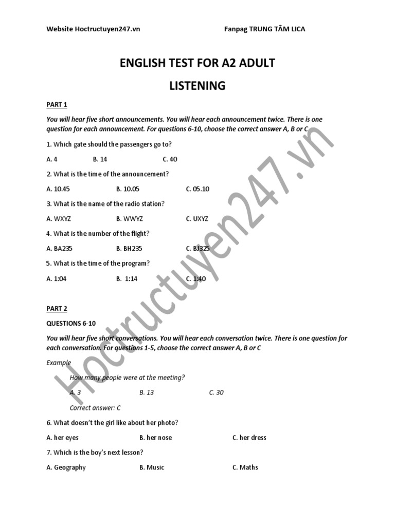 A2 English Listening and Reading Test | PDF