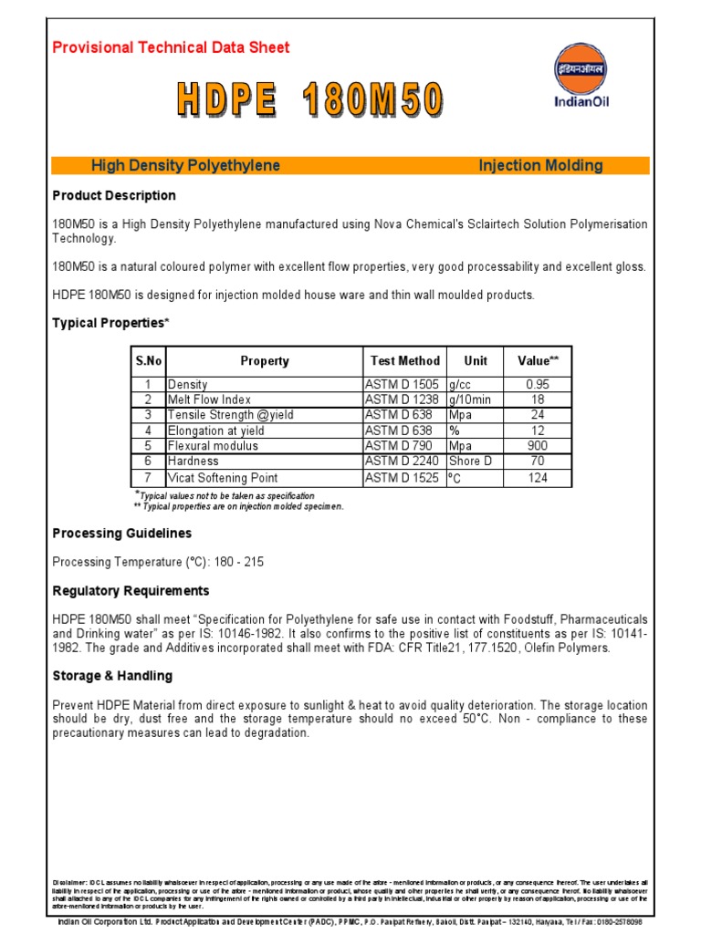 High Density Polyethylene Injection Molding: Provisional Technical Data ...