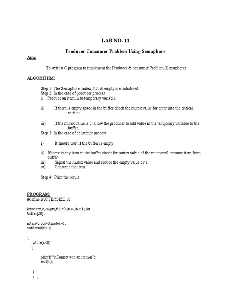 Lab No. 11: Producer Consumer Problem Using Semaphore | PDF ...