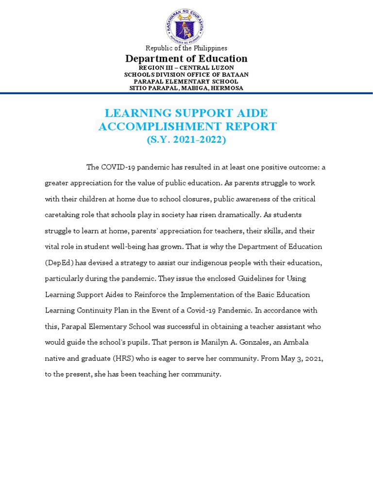 Learning Support Aide Accomplishment Report: Department of Education ...