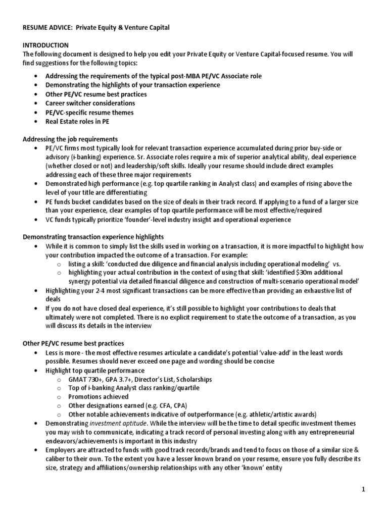 Wharton Resume Advice Private Equity Venture Capital | PDF | Venture ...