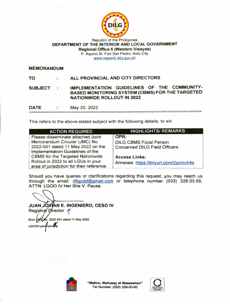MEMORANDUM - Implementation Guidelines CBMS | PDF