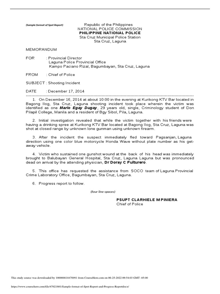 Philippine National Police: (Sample Format of Spot Report) | PDF | Law ...