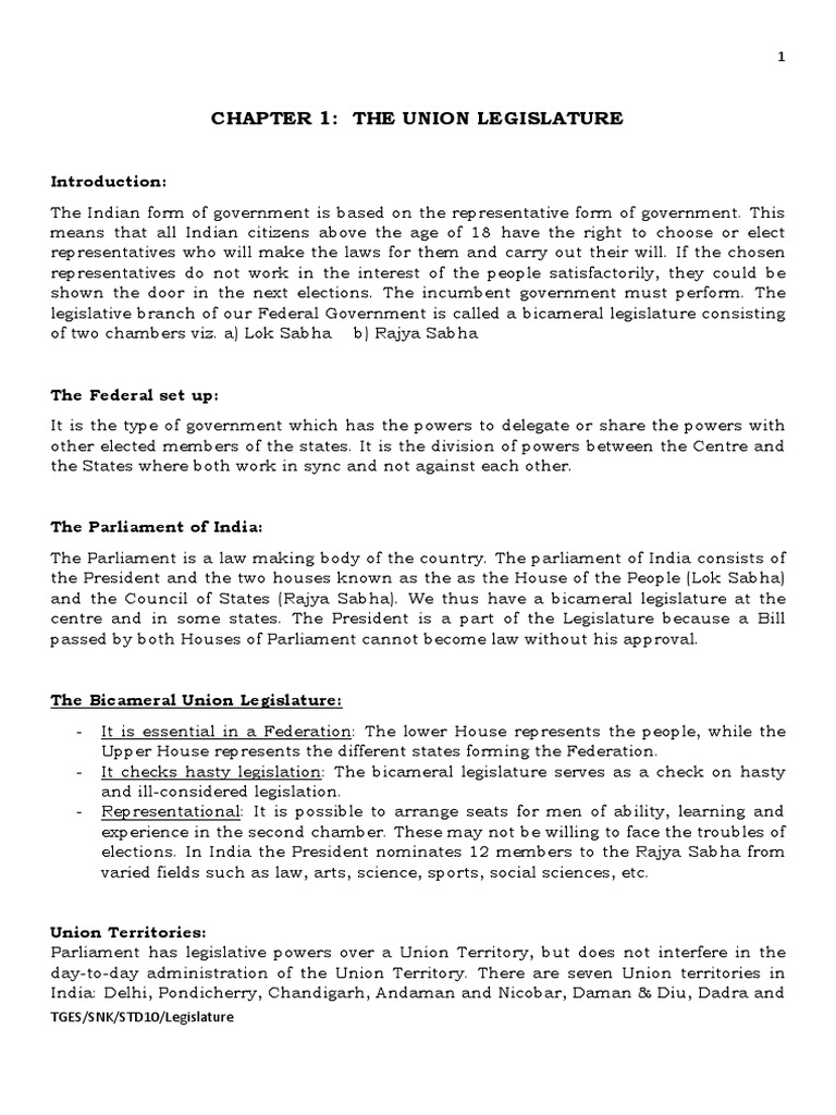 Chapter 1: The Union Legislature | PDF | Legislature | Public Law