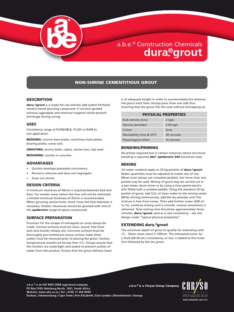 Dura Grout: A.B.E. Construction Chemicals | PDF | Strength Of Materials ...