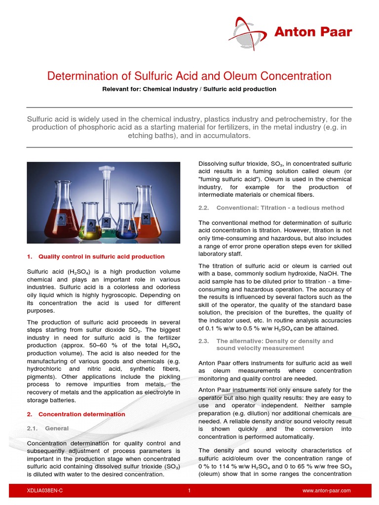 Determination of Sulfuric Acid and Oleum Concentration | PDF | Sulfuric ...