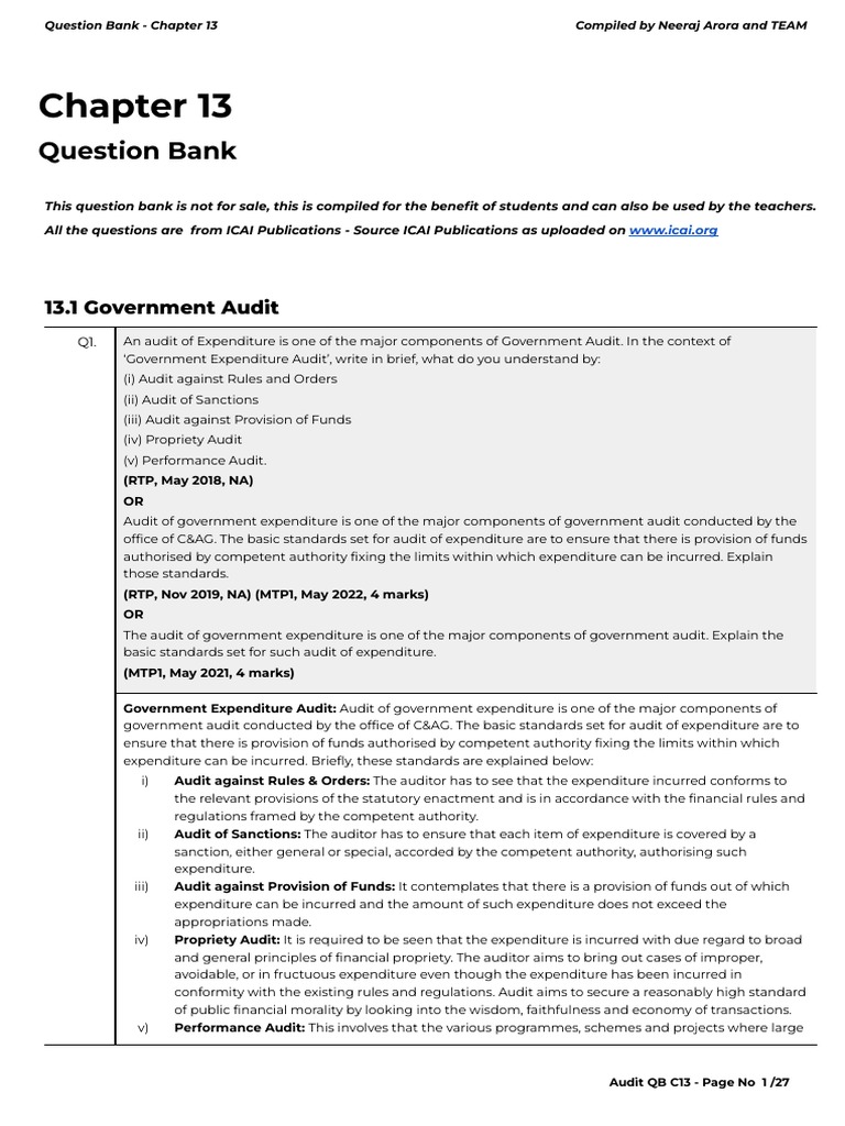 C13 Audit Question Bank | PDF | Audit | Non Governmental Organization