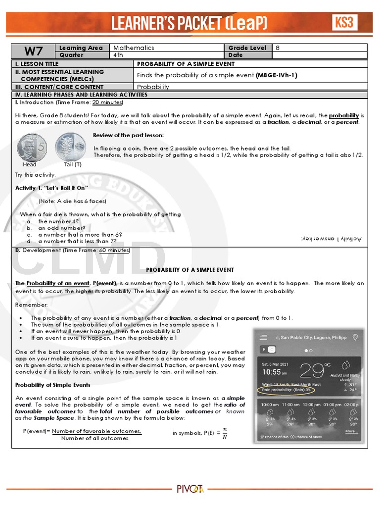 Mathematics 8 4Th Finds The Probability of A Simple Event (M8Ge-Ivh-1 ...
