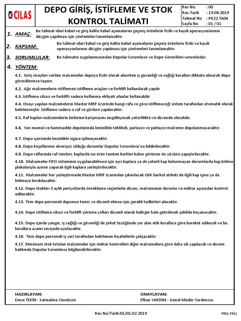 Pr22.ta04 Depo Gi̇ri̇ş, İsti̇fleme Ve Stok Kontrol Tali̇mati | PDF