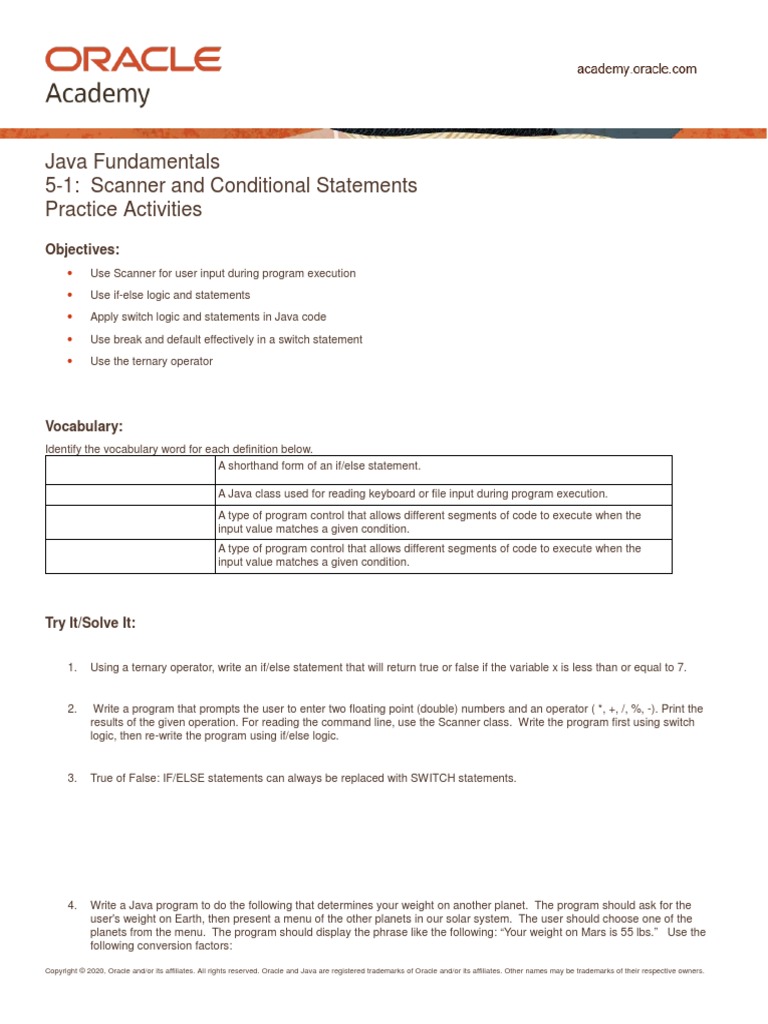 Java Fundamentals 5-1: Scanner and Conditional Statements Practice Activities | PDF | Computer ...