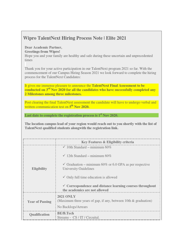 Wipro TalentNext Hiring Process Note | PDF | Business | Finance & Money ...