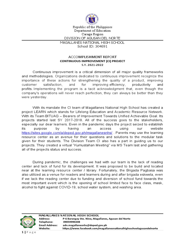 Accomplishment Report: Continuous Improvement (Ci) Project | PDF | Behavior Modification | Learning