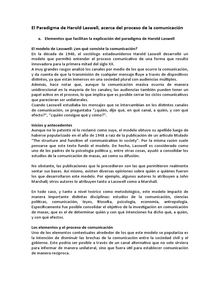 El Paradigma de Harold Laswell | PDF | Comunicación | Medios de ...