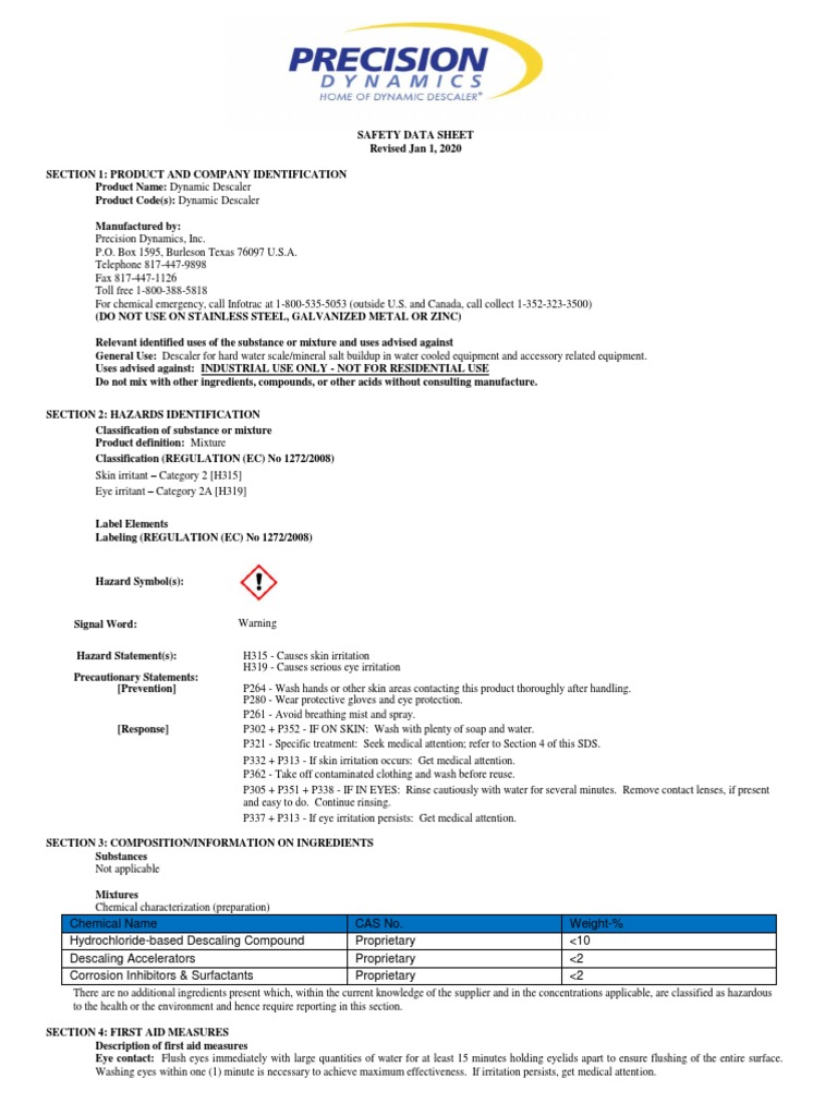 MSDS Dynamic Descaler | PDF | Toxicity | Personal Protective Equipment