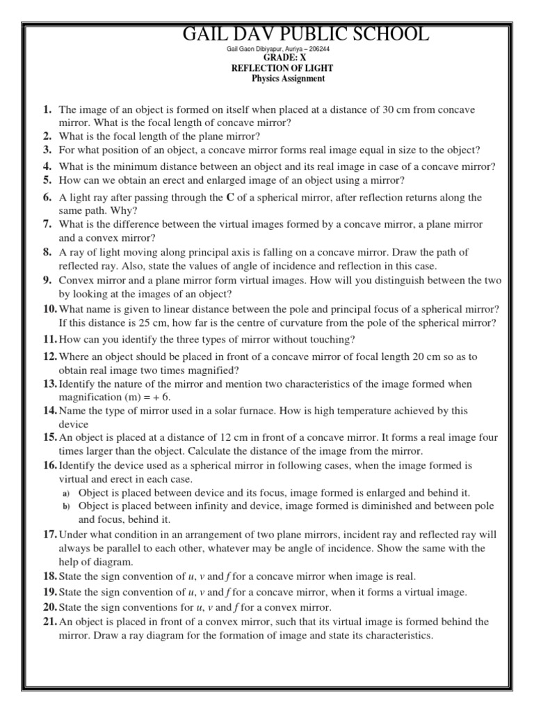 Chapter 1 Physics Assignment 1 Pdf Mirror Optics