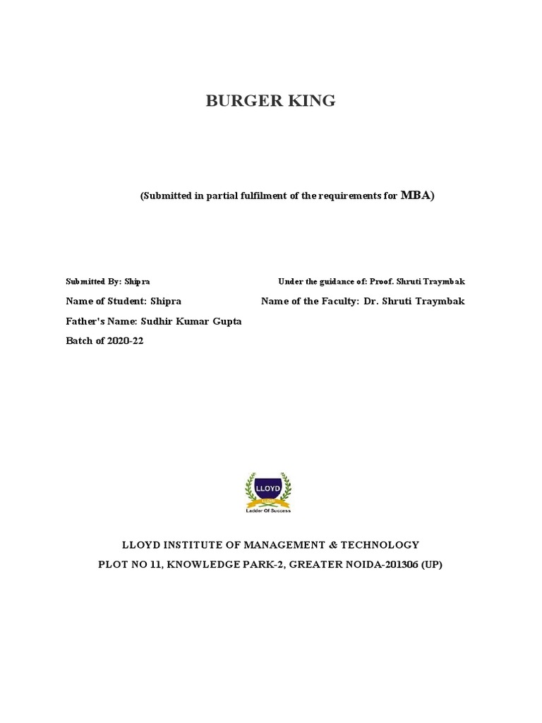 BURGER KING Mini Project Shipra | PDF | Hamburgers | Business