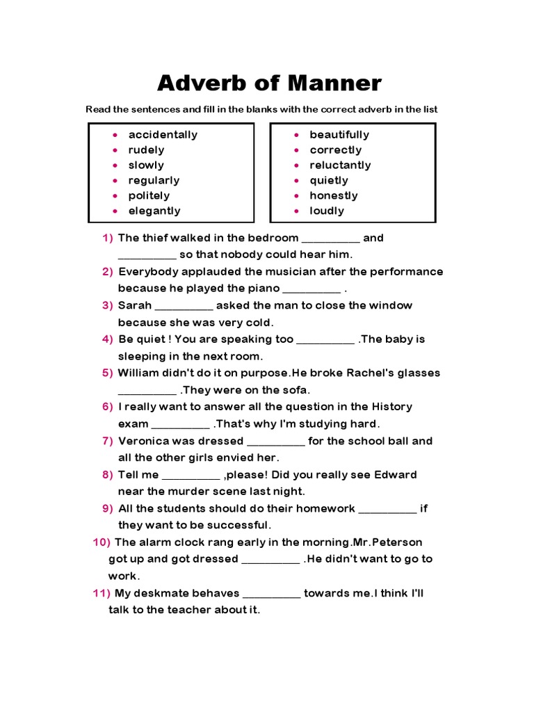 Adverbs of Manner Fill in the Blanks Worksheet-1 | PDF