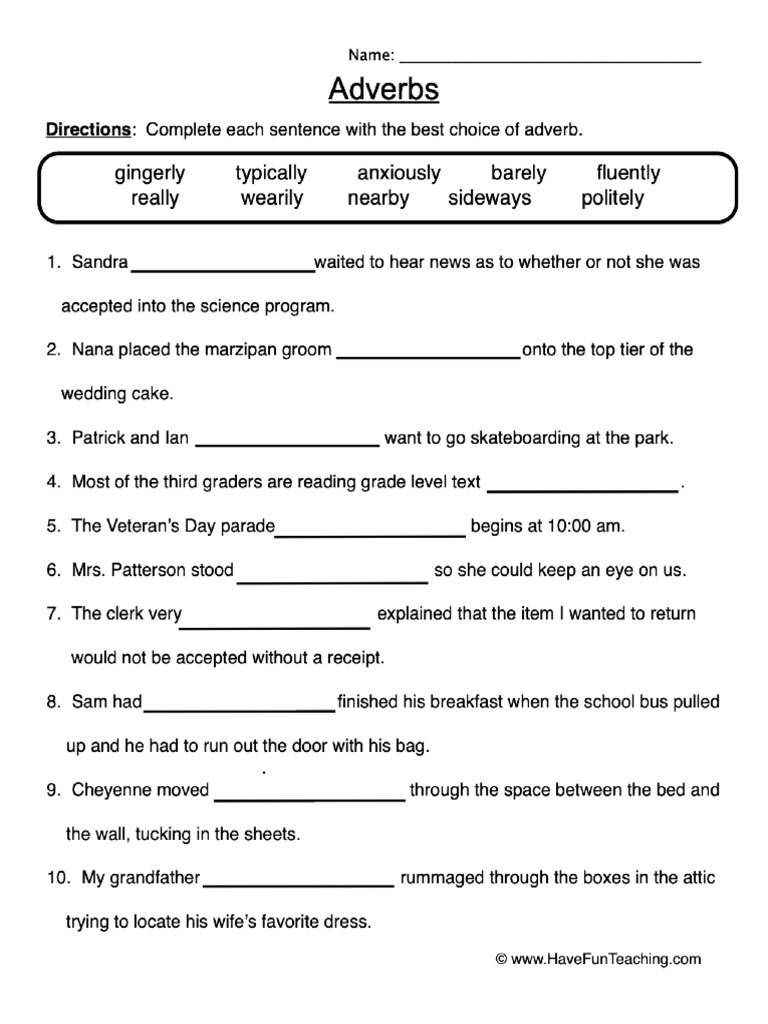 Adverb Worksheet 1 Preview | PDF