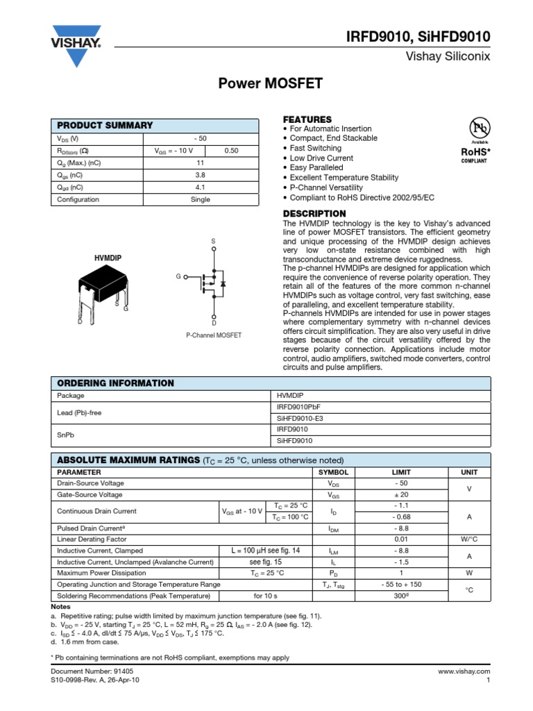 Irfd9010, Sihfd9010: Vishay Siliconix | PDF | Field Effect Transistor ...