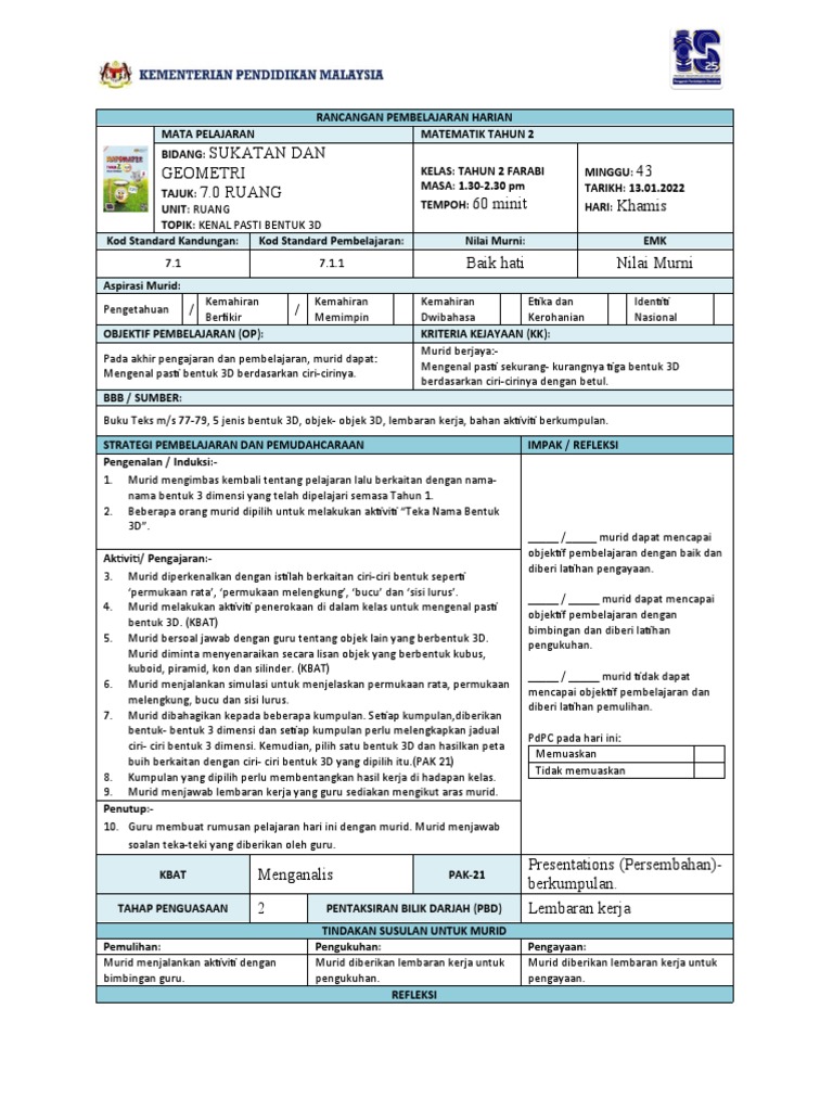 RPH Tajuk Kenali Bentuk 3D | PDF | Karier & Perkembangan | Metode & Bahan Ajar