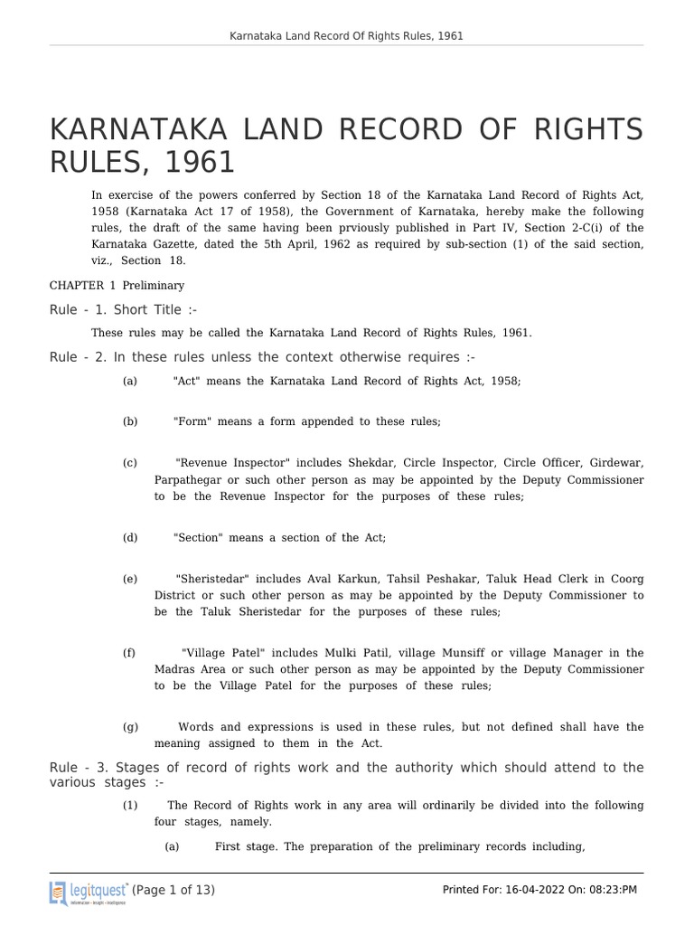 Karnataka Land Record Of Rights Rules, 1961 | PDF | Fee | Surveying