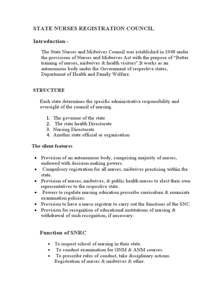 State Nurses Registration Council Overview | PDF | Nursing | Midwife