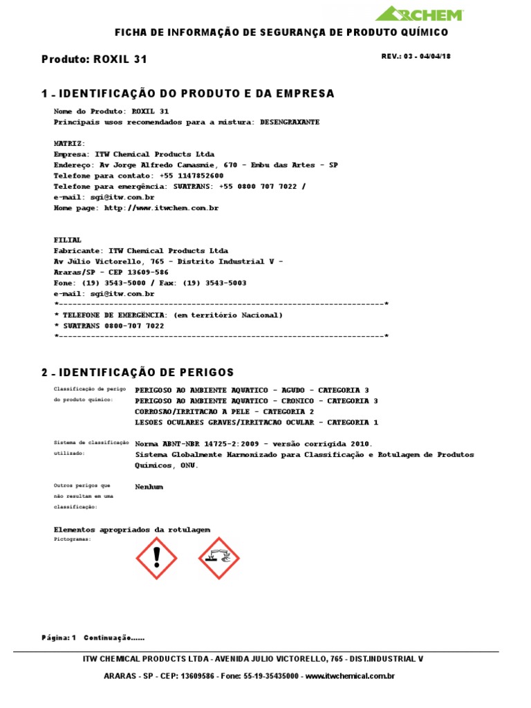 Fispq Desengraxante Roxil 31 | PDF | Embalagem e rotulagem | Desperdício