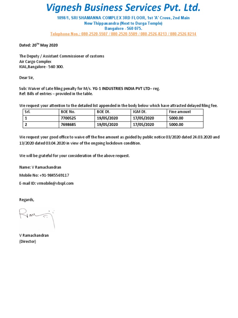 Wavier Letter For Late Filing | PDF