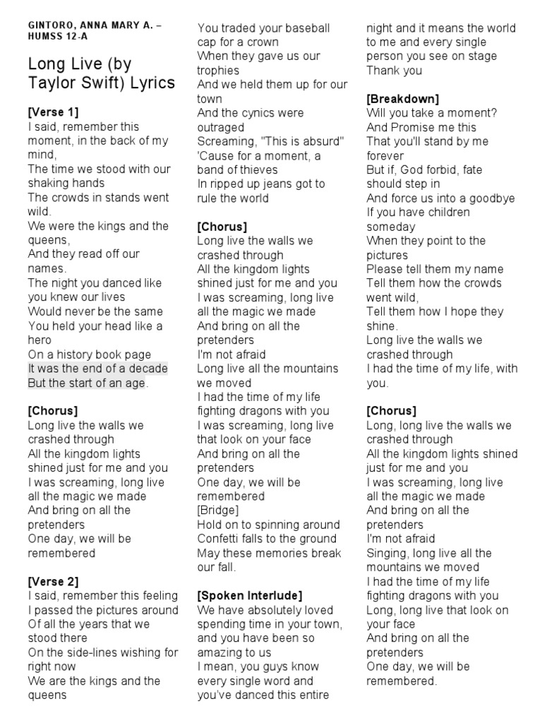 Long Live Lyrics by Taylor Swift | PDF | Song Structure