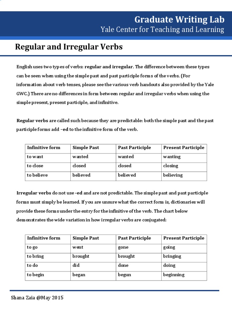 Graduate Writing Lab: Regular and Irregular Verbs | PDF | Language ...