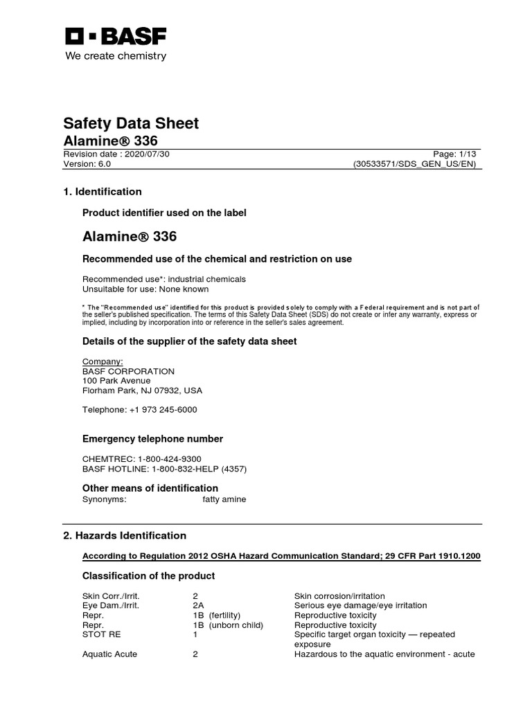 Safety Data Sheet: Alamine | PDF | Toxicity | Firefighting