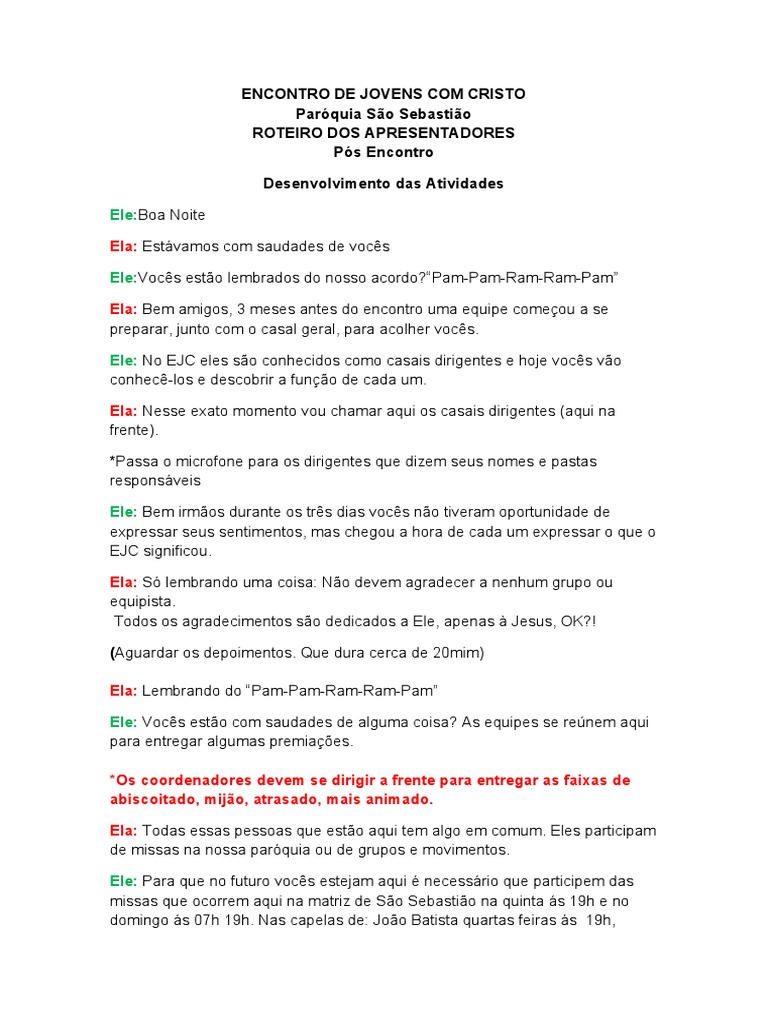 Roteiro do Pós Encontro EJC | PDF | Missa (liturgia)