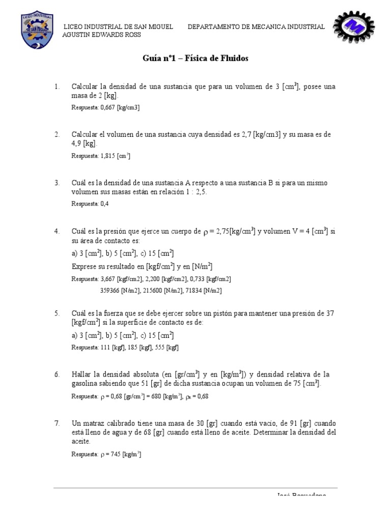 Guia de Ejercicio de Presion y Densidades | PDF | Densidad | Presión