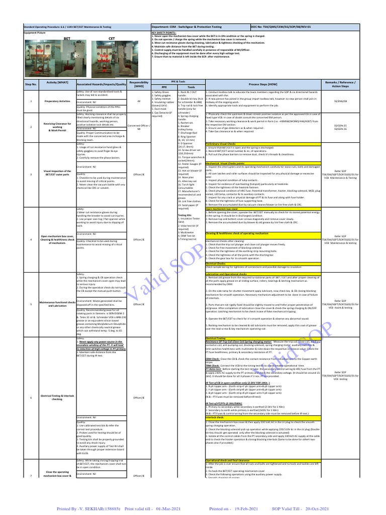 SOP For Maintenance & Testing of 6.6KV BET-CET | PDF | Inductor ...