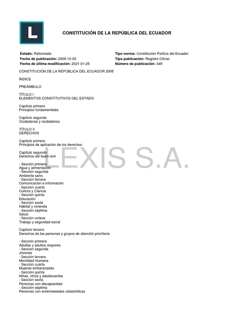 Constitucion de La Republica Del Ecuador | PDF | Derecho Constitucional | Ecuador