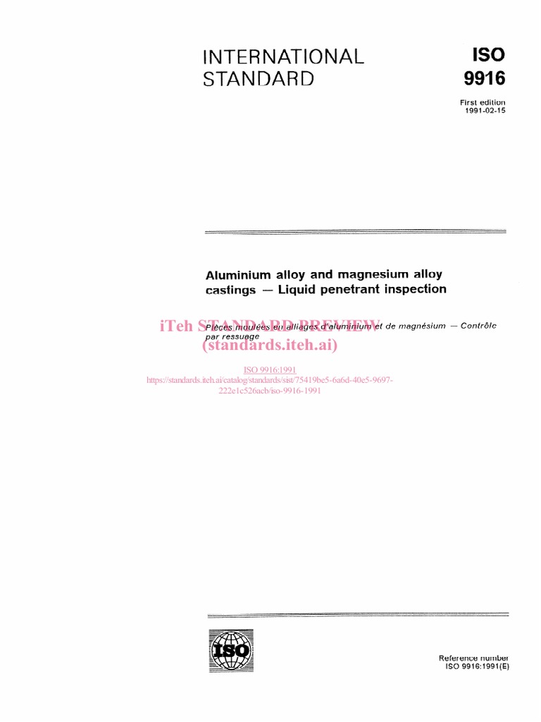 ISO 9916 1991 Aluminium and Magnesium Alloy Castings - Liquid Penetrant ...