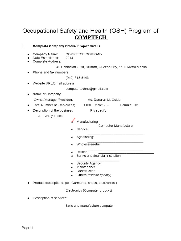 Occupational Safety and Health (OSH) Program Of: Comptech | Download ...