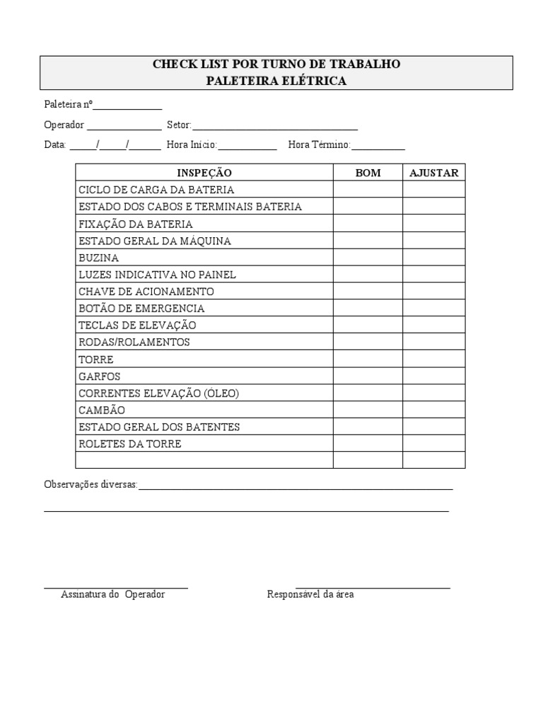 Modelo Check List Paleteira | PDF | Tecnologia e Engenharia