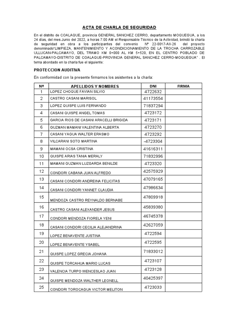Acta de Charla de Seguridad Ul | PDF