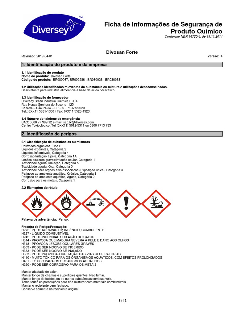 Ficha de Segurança do Desinfetante Divosan Forte | PDF | Primeiros ...